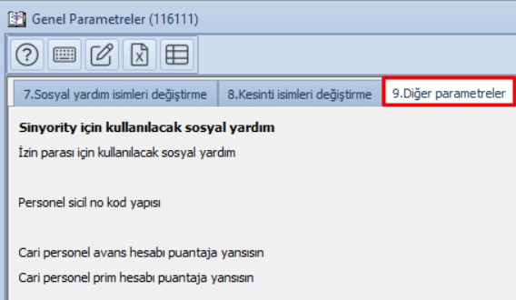 Genel Parametreler (116111)'deki "Diğer Parametreler" Sekmesinde Yer ...